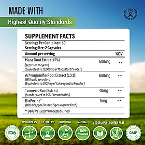 Maca Root 10,000 mg, Ashwagandha 6000mg Extract, Capsules for Men & Women with Turmeric Curcumin and Bioperine 120 Capsules Made in USA