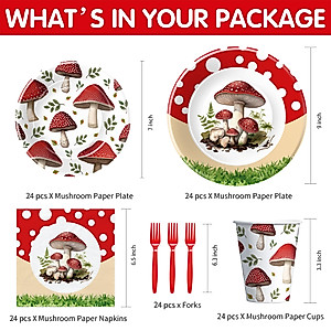 APOWBLS Mushroom Birthday Decorations Party Tableware - Mushroom Baby Shower Decorations And Supplies, Paper Plate, Cup, Napkin, Disposable Fork, Mushroom Party Decorations Dinnerware | Serve 24