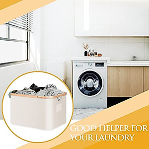 DAKCOS Foldable Laundry Basket Laundry Hamper with Handles Bamboo Rim Collapsible Fabric Storage basket for Storage Clothes,Toys,etc. 32L,Beige