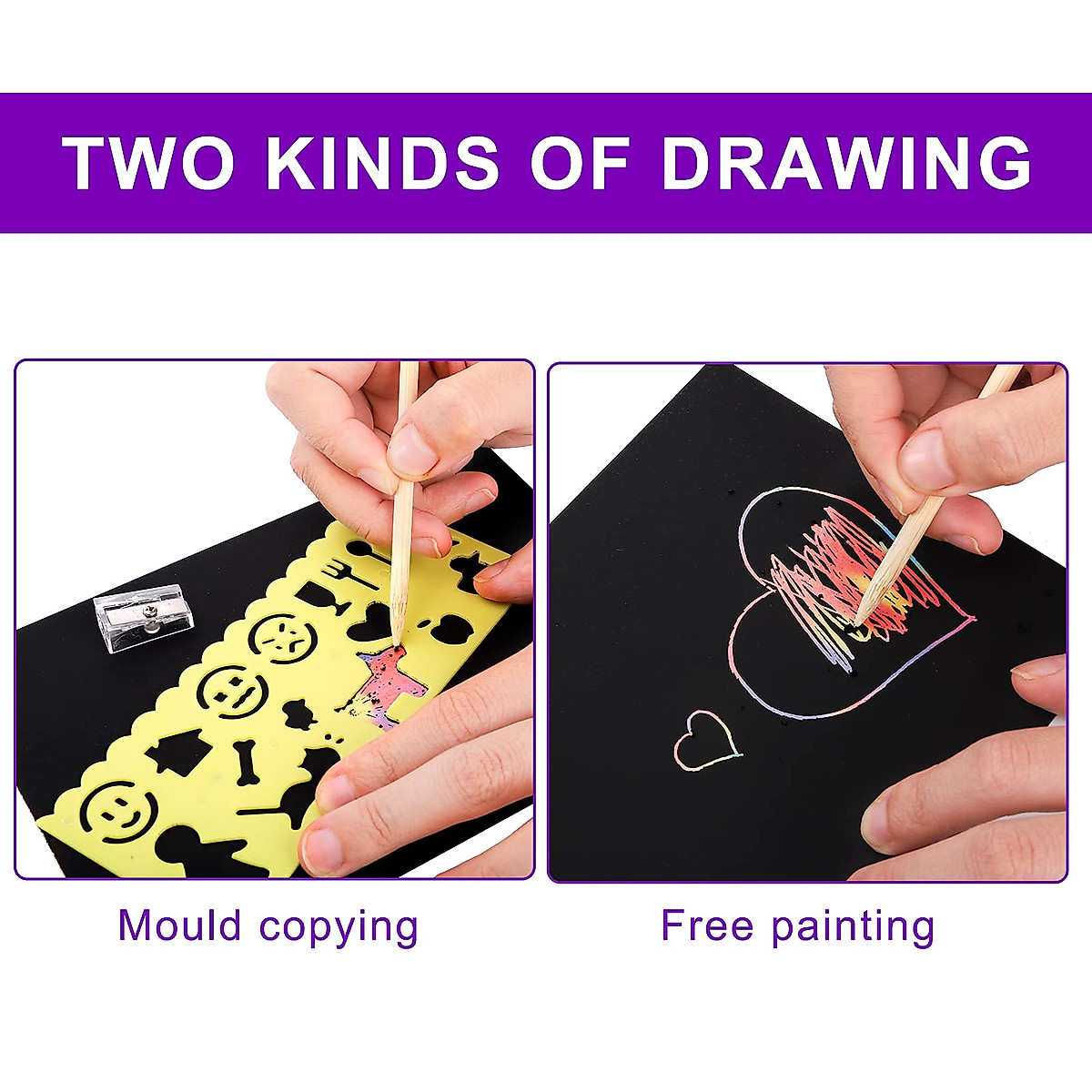 ZEAYEA 200 Pcs Scratch Paper Art Set, Scratch Off Rainbow Magic Paper with 10 Stylus, 8 Stencils, Black Scratch Notes for Boys and Girls DIY Crafts Christmas Birthday Gift Cards