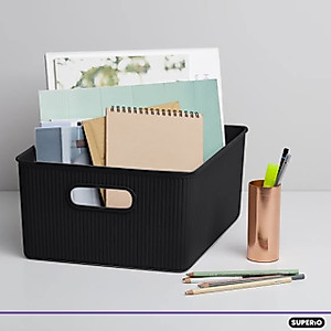 Superio Ribbed Collection - Decorative Plastic Lidded Home Storage Bins Organizer Baskets, Large Brown (1 Pack - 15 Liter) Stackable Container Box, for Organizing Closet Shelves Drawer Shelf