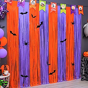 Mega-L Halloween Party Decorations, 2 Packs Orange Purple Photo Booth Props, 3.3 x 6.6 ft Halloween Foil Fringe Curtains with Bats, Photo Backdrop Streamers Halloween Party Supplies