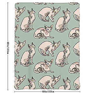 Hairless Naked Cats Sphynx Cats Mint Green Blanket,Fleece Throw Blanket Super Soft Warm Therma Plush Bed Couch Living Room