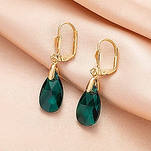 Austrian Crystal Teardrop Leverback Dangle Earrings for Women Fashion 14K Gold Plated Hypoallergenic Jewelry (Emerald)