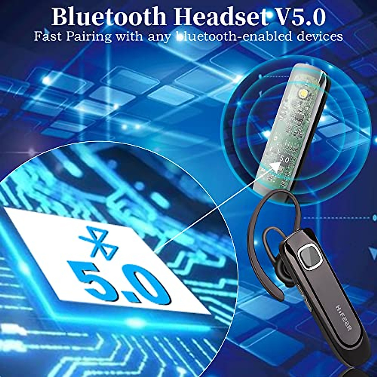 HIFEER Bluetooth Headset V5.0, Wireless Bluetooth Earpiece,Hands-Free with Built-in Mic for Driving/Business/Office,CVC8.0 Noise Cancelling Bluetooth Headphone for iPhone Android Samsung, Black