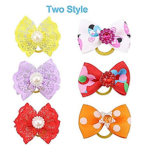Comsmart 60Pcs 30 Pairs Yorkie Dog Puppy Hair Bows with Rubber Bands & Rhinestone Pearls & Handmade Lace Fabric, Cute Pet Small Hair Bowknot Grooming Accessories