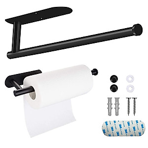 Paper Towel Holder Under Cabinet , Under Cabinet Black Paper Towel Rack,Both Available in Adhesive and Screws,SUS304 Stainless Steel Self-Adhesive Paper Towel Bar,for Kitchen, Pantry, Sink, Bathroom