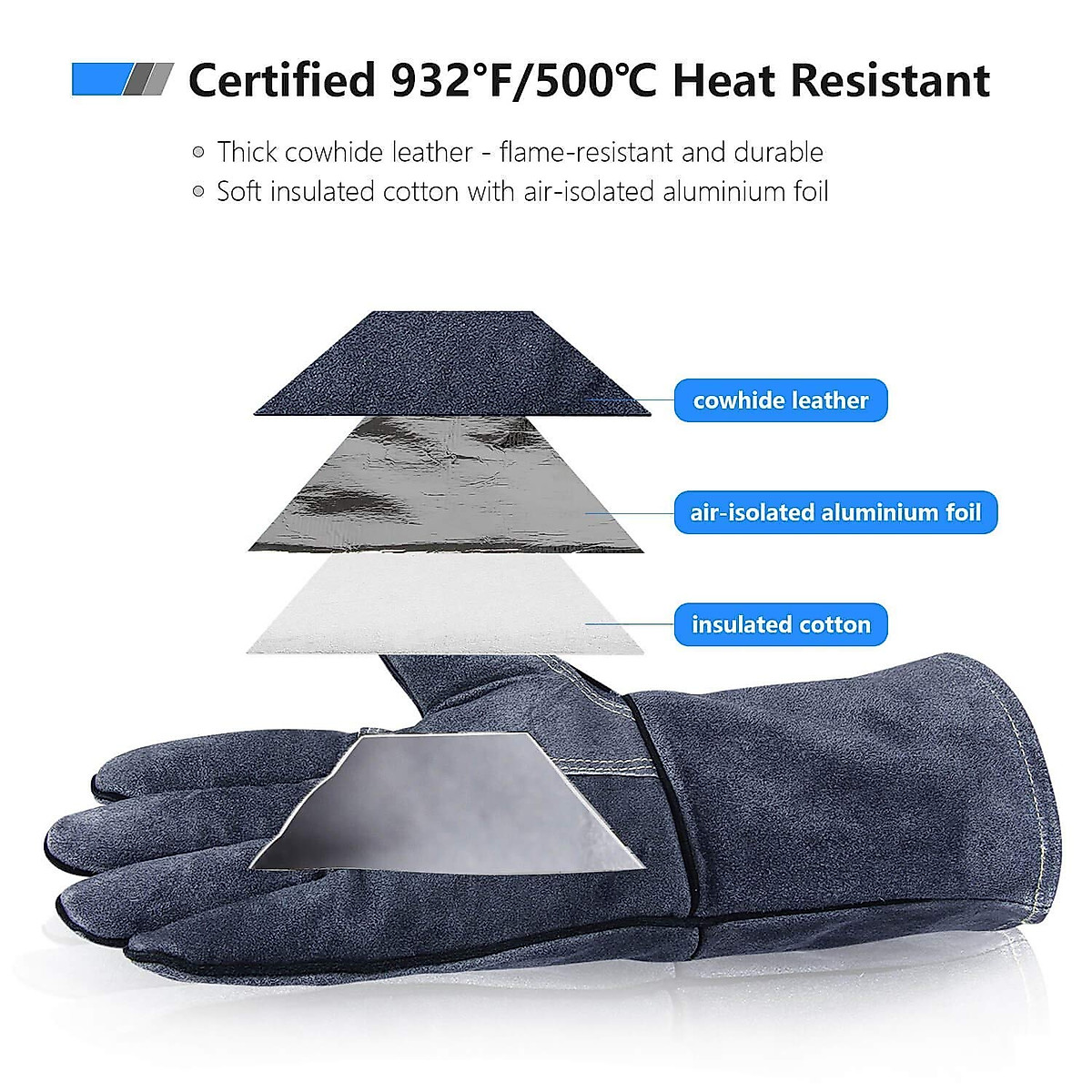 OZERO 932°F Heat Resistant Forge Welding Gloves 14 inches Cowhide Leather - Long Sleeve and Insulated Lining Grill Glove for Tig Welder/Mig/Barbecue/Stove Gray