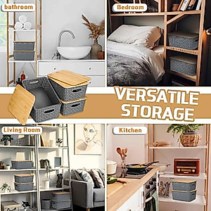 Barydat 4 Pack Plastic Storage Baskets with Bamboo Lid Pantry Organization Storage Containers Lidded Bins Container for Shelves Drawers Desktop Closet Playroom Classroom Office(Gray)