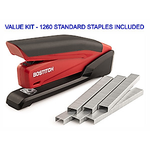 Bostitch Stapler with Staples - InPower Red Stapler - Spring Powered Stapler with 1260 Staples - Built-in Staple Remover - Staple Storage Compartment - One Touch Heavy Duty Staplers for Desk