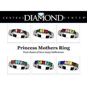 Central Diamond Center Princess Channel Set Mothers Ring with 1 to 6 Simulated Birthstones - Silver - Size 8