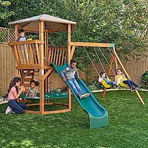 KidKraft Jungle Journey Wooden Outdoor Swing Set/Playset with Swings, Slide, Rock Wall and Observation Deck