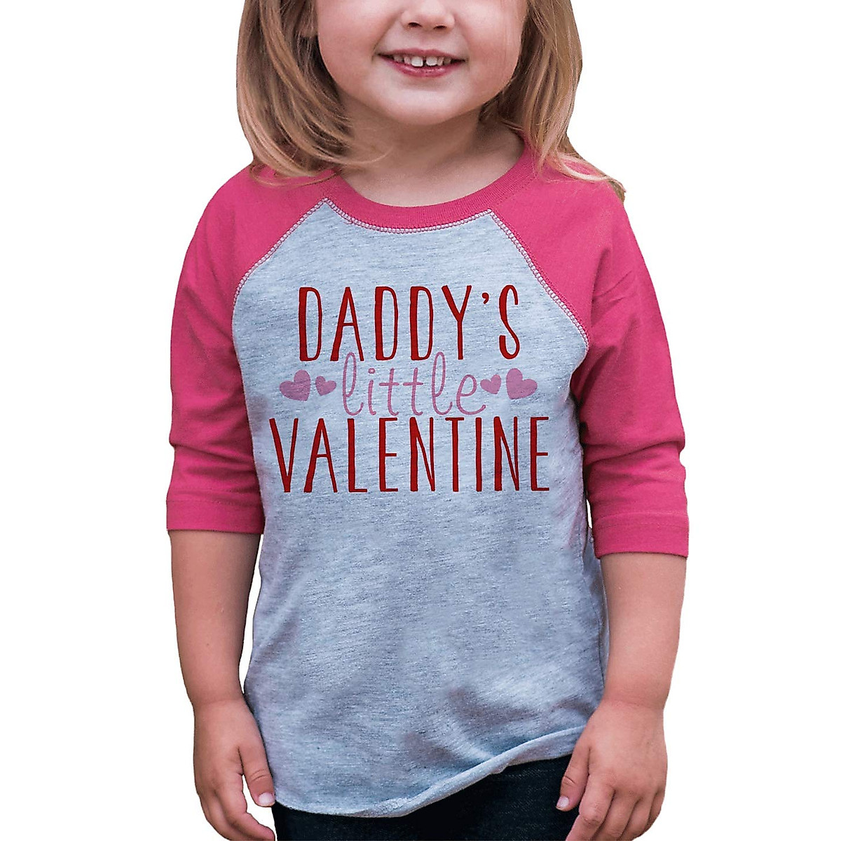 7 ate 9 Apparel Girl's Daddy's Little Valentine Toddler Vintage Baseball Shirt T-Shirt 2T Pink and Grey