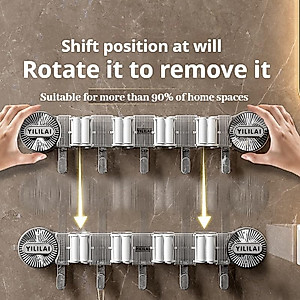 VIHOGFINT Mop & Broom Holder Wall Mount - Suction Cup Design for Easy Storage and Organization | 4 Slots & 5 Hooks | Perfect for Kitchen, Garden, Closet, Laundry Room