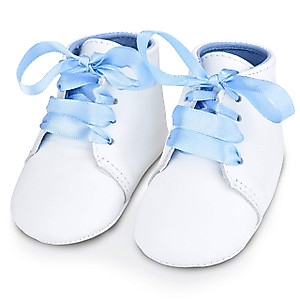 BabyShoe Personalized Baby Boy Christening Shoes – Baptism Leather Lace Up Shoes with Hand Embossed Name & Date – Special Occasion Newborn Church Shoes with Blue Ribbon - Great Idea