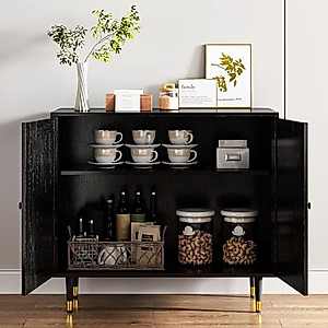 4 EVER WINNER Rattan Sideboard Cabinet with Handmade Natural Rattan Doors, Coffee Bar Storage Cabinet with 4 Solid Wood Table Legs, Bohemian Style Accent Cabinet Console Table for Hallway, Entryway