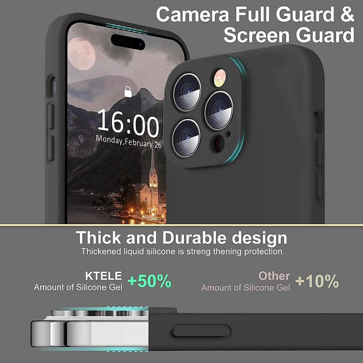 Ktele Compatible with iPhone 14 Pro Case, Silicone Upgraded [Camera Protection] [Soft Microfiber Lining] Full Covered Slim Gel Rubber Case iPhone 14 Pro 6.1 inch -Black
