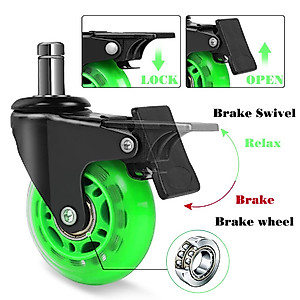 Office Chair Wheels With Brake Replacement Rubber Desk Chair Casters-Protection for Hardwood Floors and Carpet-Set of 5-Heavy Duty Office to Replace Office Chair Mats-Universal Fit-Green(C-50)