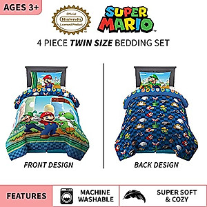 Franco Kids Bedding Super Soft Comforter and Sheet Set, 4 Piece Twin Size, Mario