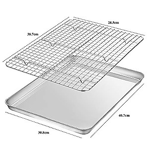 Baking Sheet with Rack Set [2 Pans + 2 Racks], Wildone Stainless Steel Cookie Sheet Baking Pan Tray with Cooling Rack, Size 16 x 12 x 1 Inch, Non Toxic & Heavy Duty & Easy Clean