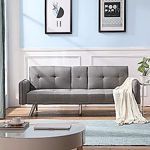 ERDAYE Folding Modern Futon Sofa Loveseat Convertible Sleeper Couch Bed for Living Room Apartment Small Space Furniture Sets with 2 Cup Holders,Metal Legs, Removable Soft Square Armrest,Light Gray