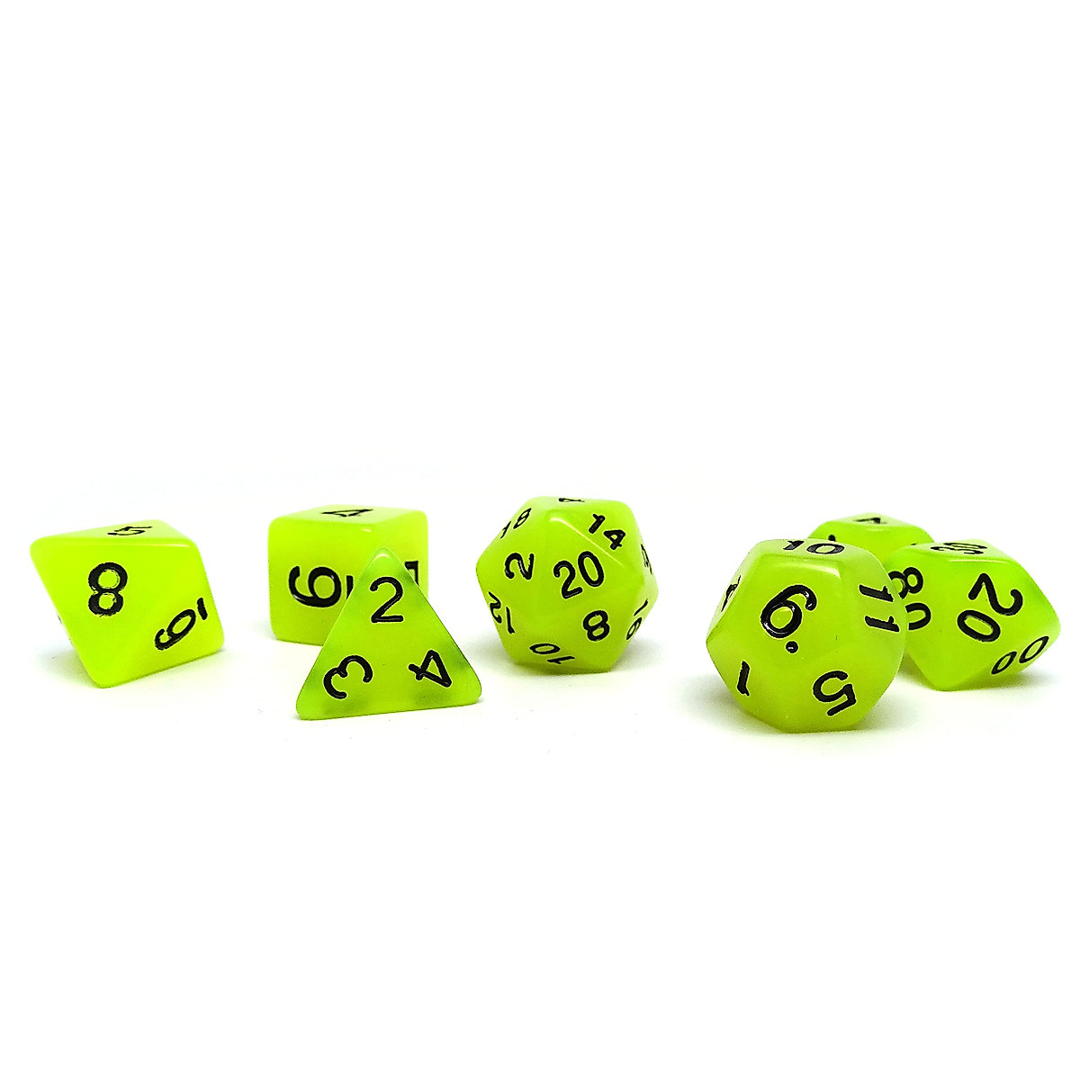 Glow in The Dark Polyhedral Dice Set - 7 Piece Dice Set with One D20, D12, D10, D8, D6, D4, and D00 (Yellow with Black Font)