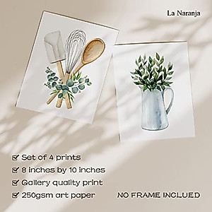 La Naranja Boho Kitchen Wall Decor Sage Green Plants Botanical Prints Eucalyptus Leaves Wall Art Minimalist Dining Room Artwork, Set of 4 Pictures, 8''x10'', UNFRAMED