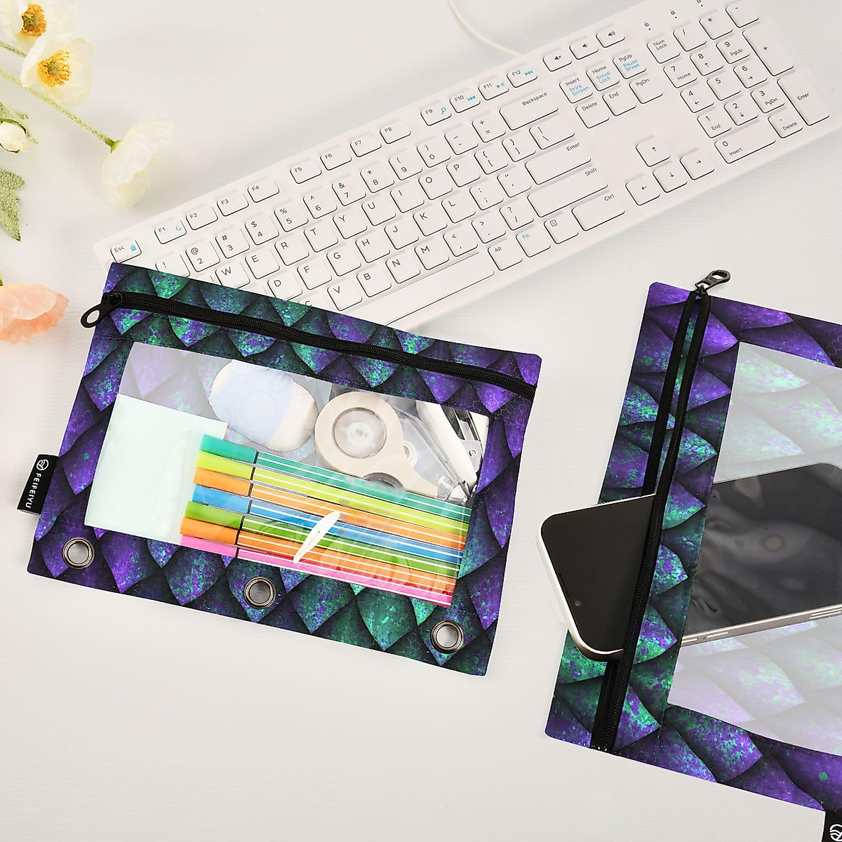 Dragon Scales Pencil Pouch for 3 Ring Binder 2 Pack Binder Pencil Case with Clear Window Pencil Bags with Zipper for College Office Daily Supplies