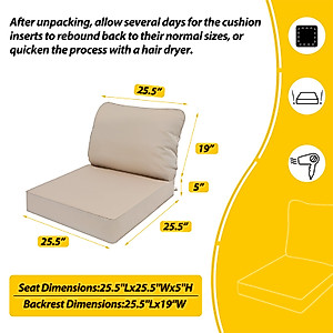 AAAAAcessories Outdoor Deep Seat Cushions for Patio Furniture, Waterproof Replacement Patio Chair Cushions, 25.5 x 25.5 x 5 + 25.5 x 19 Inch, Beige