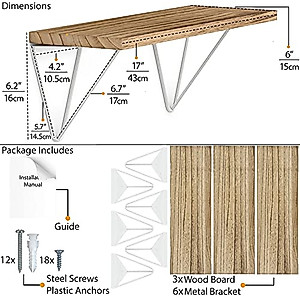 Wallniture Colmar Wood Floating Shelves for Wall Storage, Wall Shelves for Living Room Decor, Burned Finish Plant Shelf with White Shelves Brackets, Set of 3