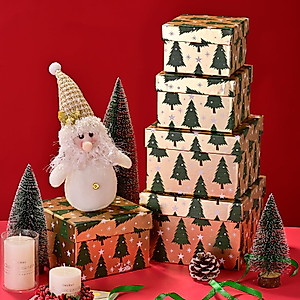 PAPER FAIR 5PCS Christmas Nesting Gift Boxes Set, Gold Foil Green Xmas Tree Flat Square Cardboard Nested Box with Lid, for Gift Wrapping Holiday Present Birthday, Assorted Size