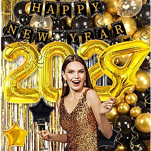 New Years Eve Party Supplies 2024 Kit - Pack of 125, Huge Gold 2024 Balloons, Happy New Year Banner, Black and Glod Hanging Swirls, Gold Fringe Backdrop for NYE Decorations 2024, New Years Party Décor