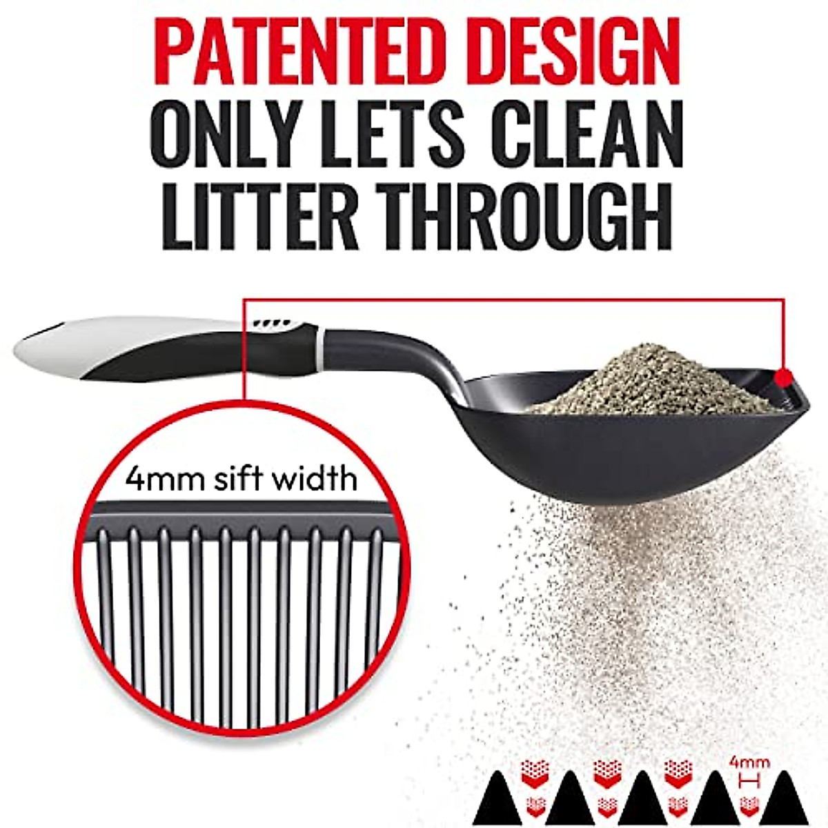 iPrimio Cat Litter Scoop Metal with Deep Shovel - (Black) - Non Stick Plated Aluminum Cat Litter Scooper for Litter Box - Designed by Cat Owners - Patented Sifter with Holder - Super Solid Handle