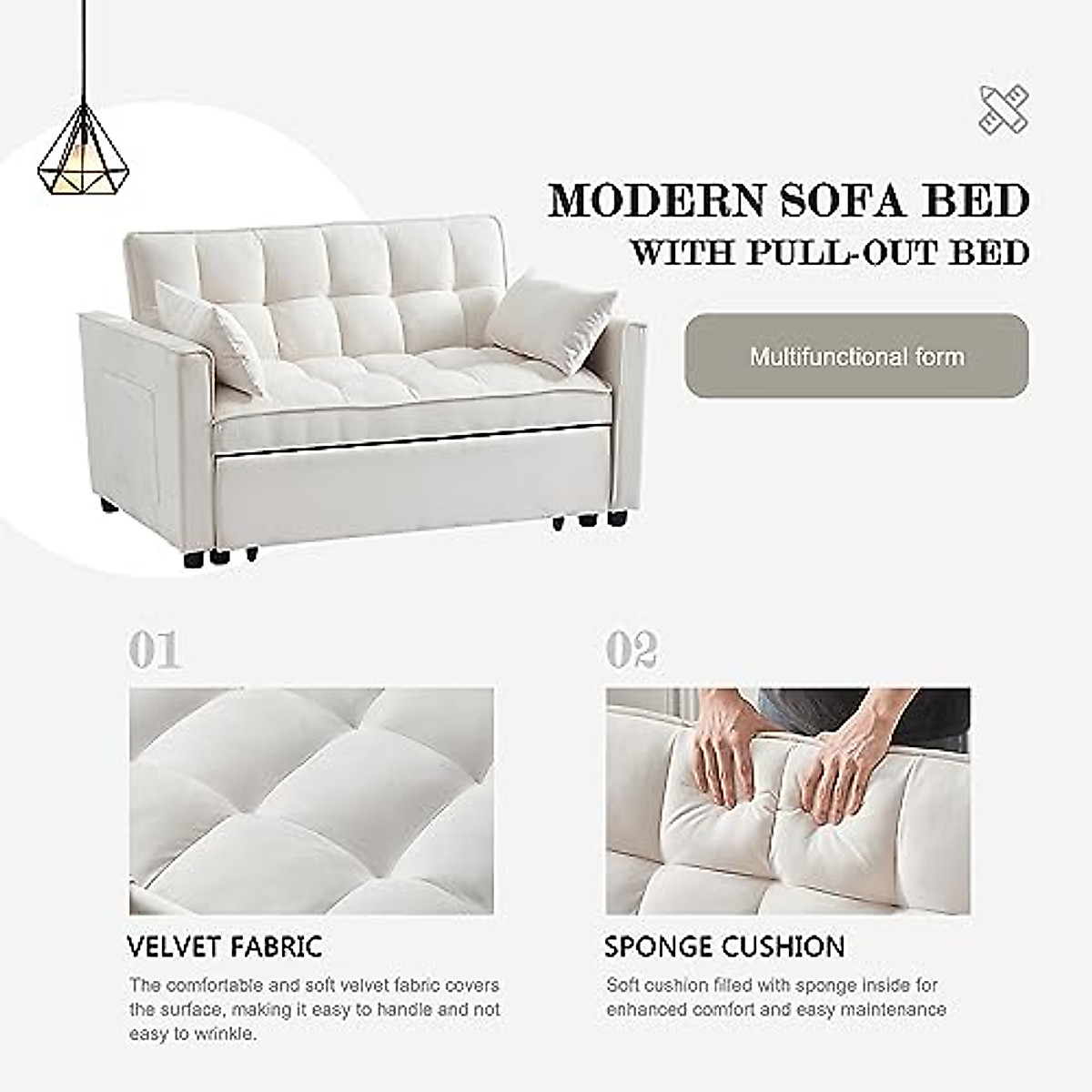 Ugijei 55.5'' 3-in-1 Convertible Sleeper Sofa Bed, Velvet Pull Out Sofa Bed with Pull Out Bed, Adjustable Backrest, Storage Pockets & Pillows, Modern Pull Out Couch for Living Room Furniture (Beige)