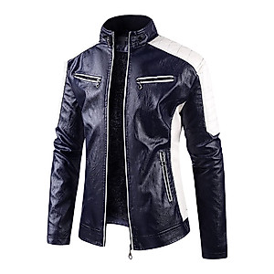 Maiyifu-GJ Mens Motorcycle Vintage PU Stand Collar Coat Fleece Lined Faux Leather Jacket Zip Up Slim Fit Biker Jacket Outwear (Blue,4X-Large)