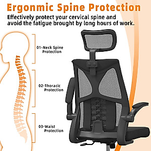 Ergonomic Office Chair, High Back Desk Chair, Breathable Mesh Desk Chair with Lumbar Support, Adjustable Headrest and Flip-Up Arms, Swivel Task Chair with Adjustable Height (Black)