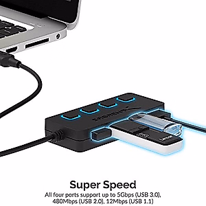 SABRENT 4 Port USB 3.0 Hub with Individual LED Lit Power Switches, Includes 5V/2.5A Power Adapter (HB-UMP3)