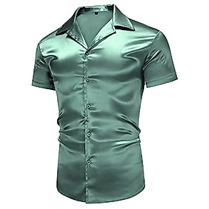 URRU Men's Luxury Shiny Silk Like Satin Dress Shirt Cuban Collar Short Sleeve Casual Slim Fit Muscle Button Up Shirts Light Green L