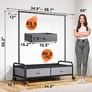 Raybee Clothes Rack, Heavy Duty Clothing Rack, Rolling Clothes Racks for Hanging Clothes, Portable Clothes Rack with Wheels, Garment Rack, 65.2" H x 58.7" W x 16.7" D, Black