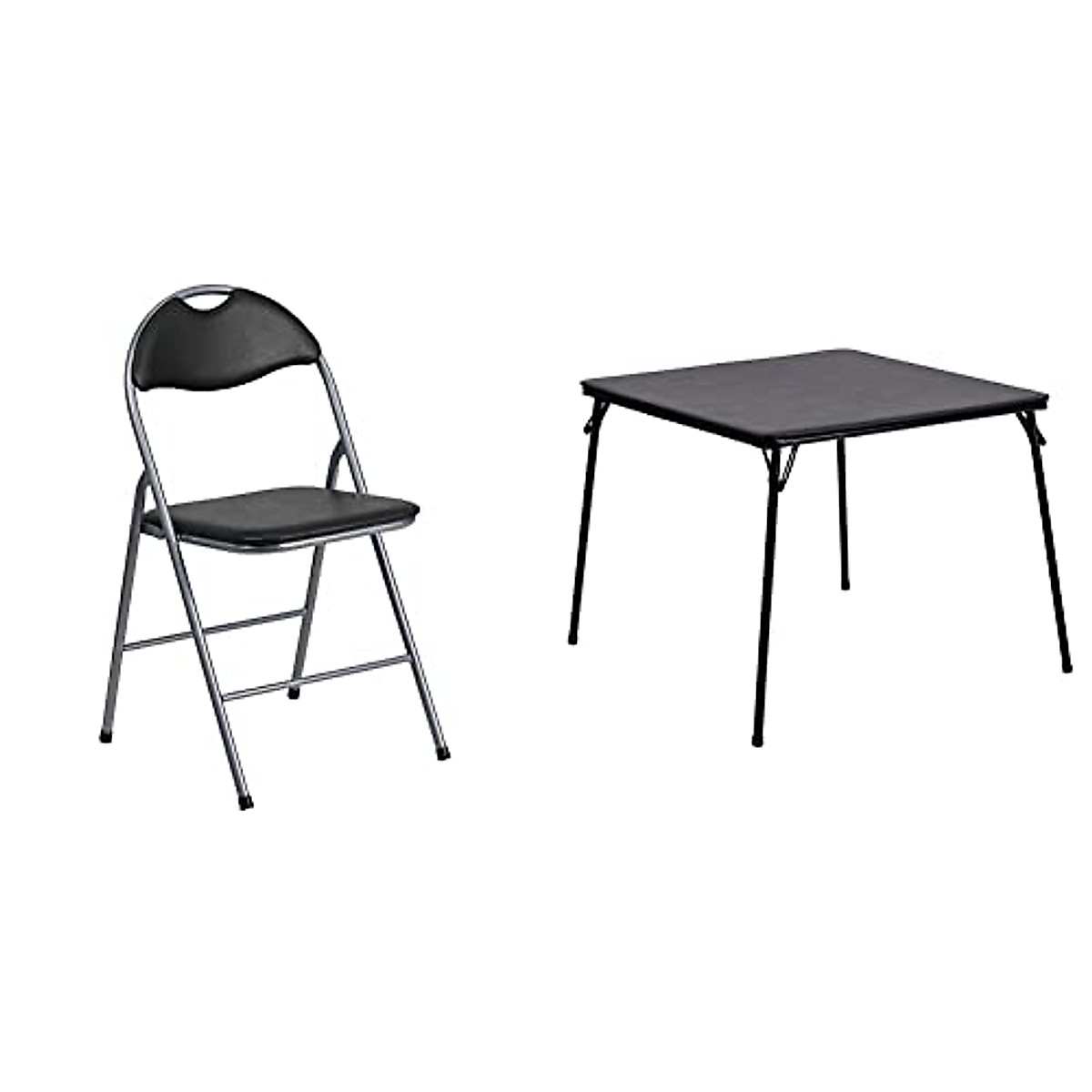 Flash Furniture 4 Pack Hercules Series Black Vinyl Metal Folding Chair with Carrying Handle & Madelyn Folding Card Table - Black | Portable Square Table with Collapsible Legs
