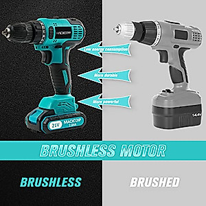 MACXCOIP Brushless Cordless Drill, 21V Electric Power Drill Driver with 3/8" Keyless Chuck, 300 In-lb Torque, 2 Variable Speeds, 25+1 Adjustable Clutch, 33pcs Accessories with Battery & Charger