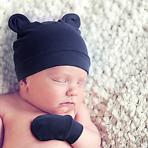 BQUBO Newborn Baby Hats Bear Ears and Mittens Sets Preemie Cotton Caps Baby Boy Girl Infant Hospital Beanie for 0-3 Months