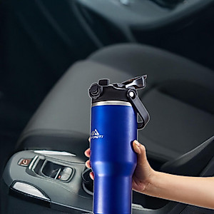 POPOACTI Insulated Tumbler,34 oz Stainless Steel Water Bottle, BPA-Free, Double-Walled Vacuum, Flip Straw for Travel, Keeps Drinks Hot & Cold for 12 Hours,For Travel, Gym & Office (Blue)