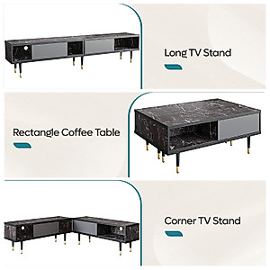 Bestier Mid Century Modern TV Stand for 85 inch tv, Entertainment Center with Storage and Sliding Doors, 2 in 1 Long TV Cabinet for Living Room, Black Marble