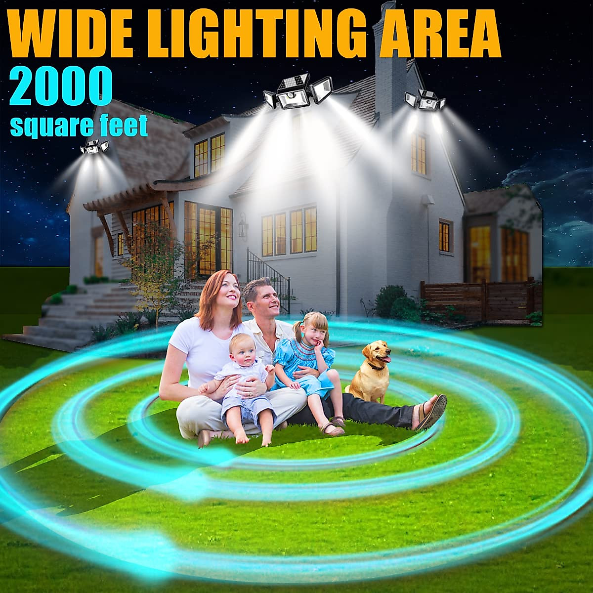 DooLv Security Solar Motion Lights Outdoor, 214 LEDs 1500LM Spot Flood Light-Wide Adjustable 360° 3 Heads with 3 Modes, Wireless Motion Sensor 35ft- IP65 Waterproof Solar Powered 2200mah (2 Pack)