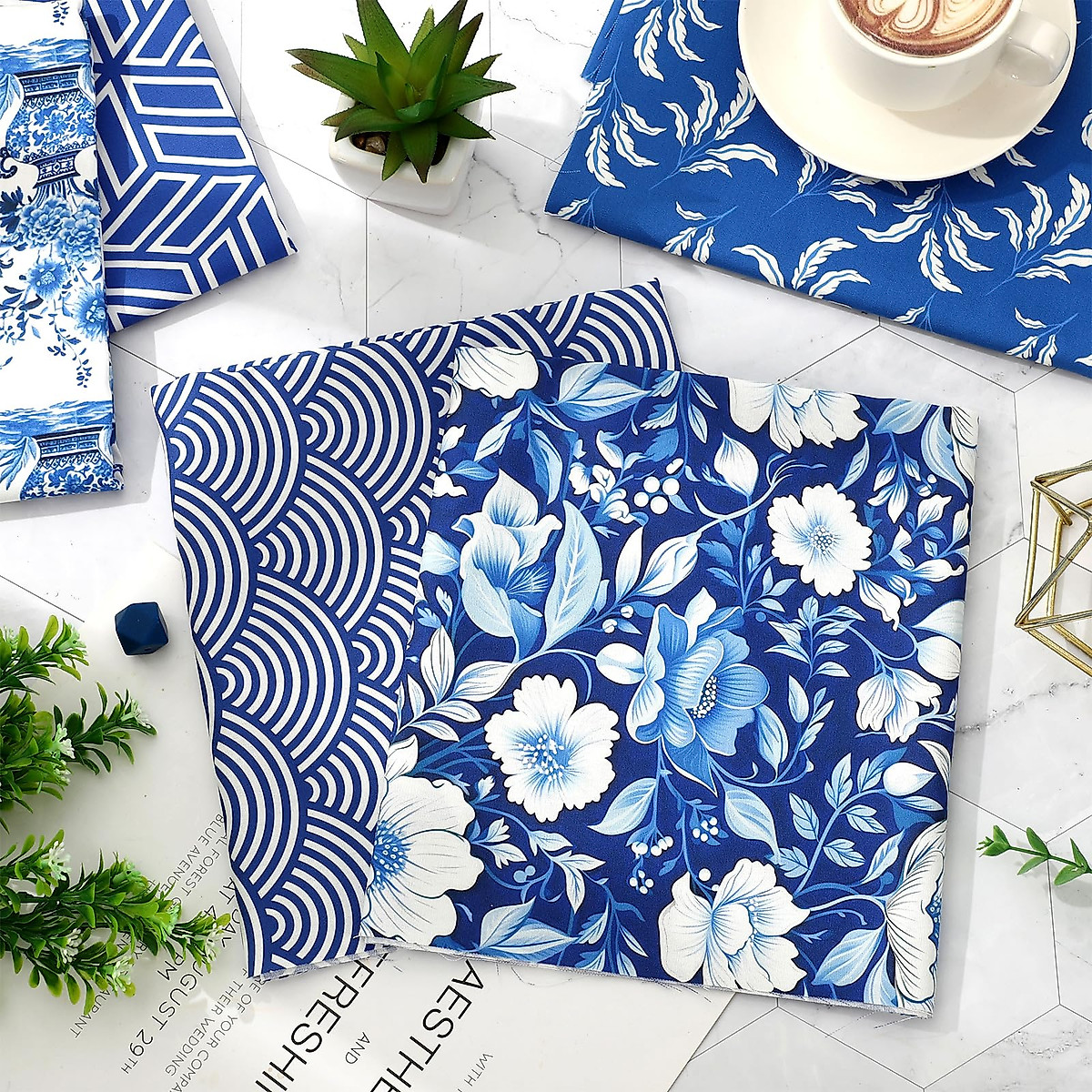 JarThenaAMCS 12Pcs Blue Chinoiserie Cotton Fabric Bundles 18 x 22 Inch White Blue China Fat Quarters Oriental Sewing Fabrics for DIY Craft Party Decor