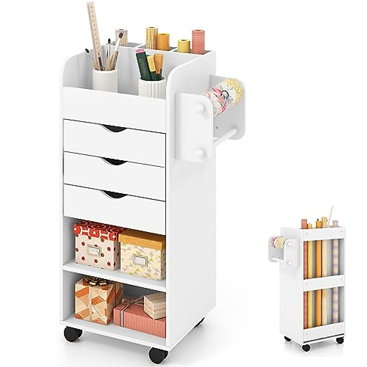 Giantex Craft Storage Cart - Utility Organizer Cart with 3 Drawers, 3 Shelves, 3 Slotted Compartments, 2 Rolling Rods, Crafting Sewing Cabinet on Wheels for Wrapping Paper Scrapbook Ribbon (White)