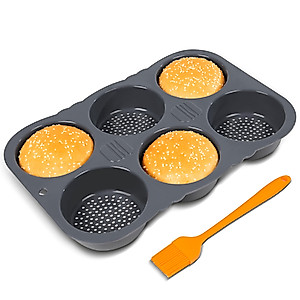 AKS Co Hamburger Bun Pan, Non-Stick Silicone - Oven-Safe, Vented 6-Cavity Baking Mold, Dishwasher Safe with Basting Brush