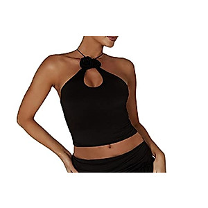 Sexy Tank Top for Women 3D Floral Tassels Ruffle Crop Top Y2K Slim Fitted Sleeveless Shirt Tee(ZW-Black,M)