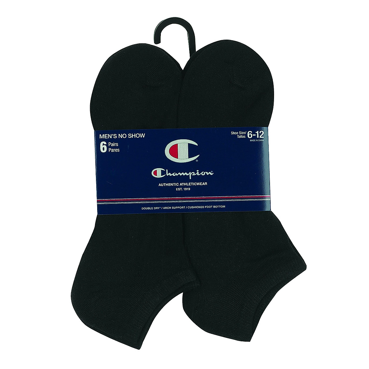 Champion Men's Double Dry Moisture Wicking No Show Socks 6, 8 Packs Availabe, Black-6 Pack, 6-12